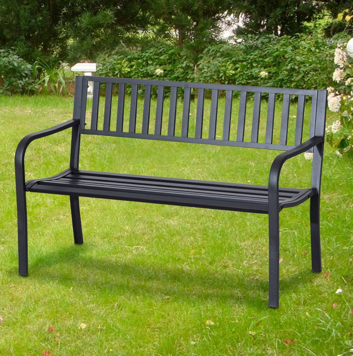 Outdoor 2-Seater Slatted Metal Garden Park Bench for Patio Backyard De ...