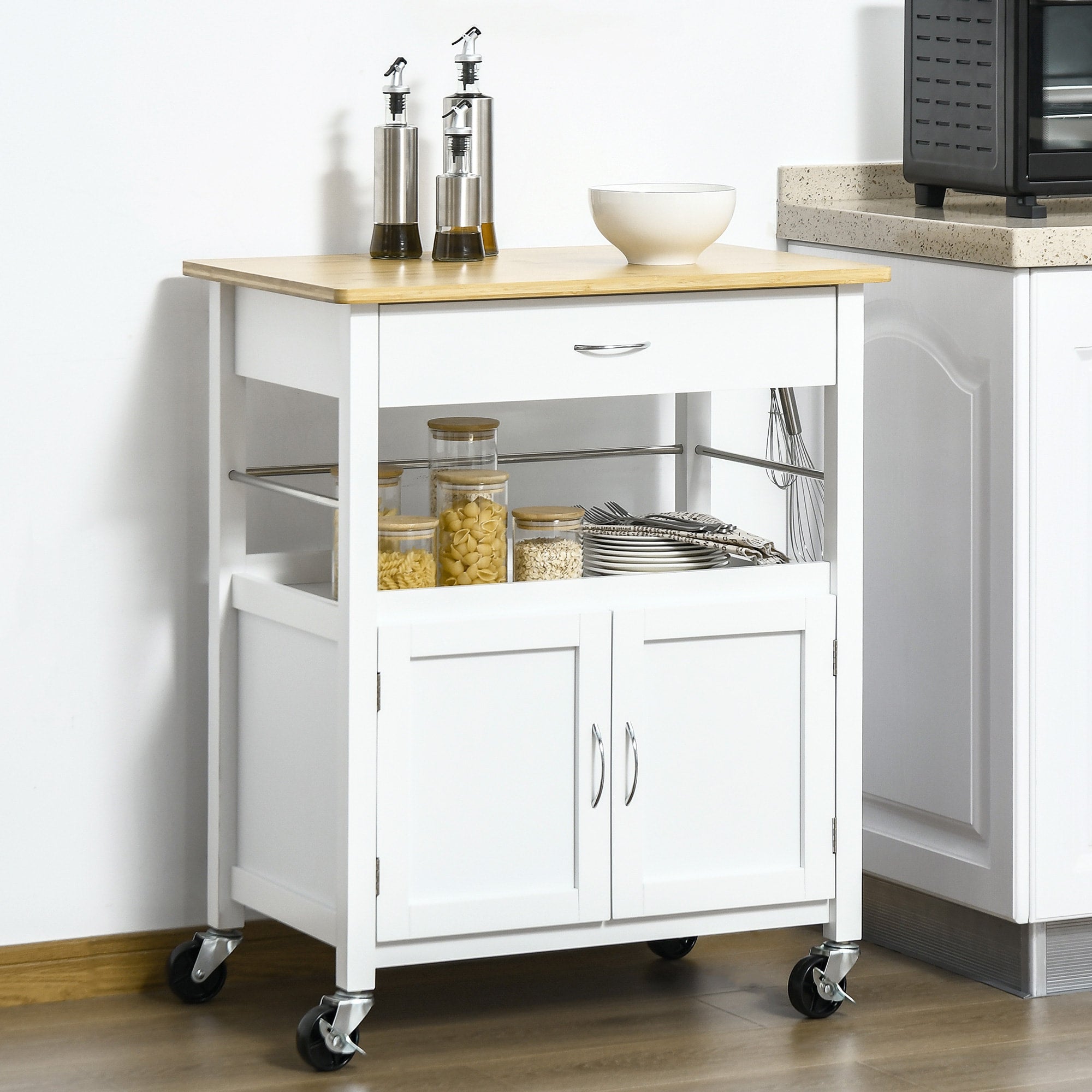Mobile Rolling Kitchen Cart/Trolley Storage Cabinet w/ Shelf Hooks & D ...