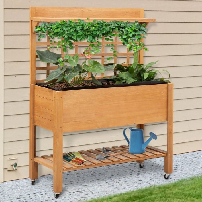 Raised Wooden Garden Planter Box Flower Veggie Bed Portable w Shelf La ...