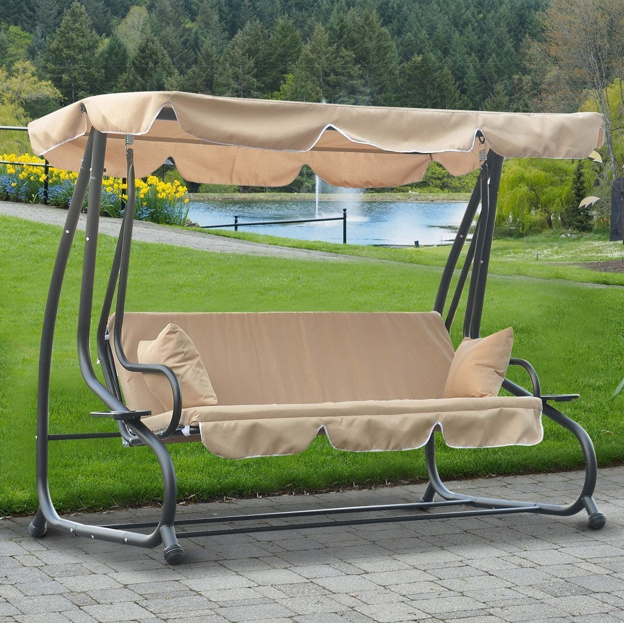 2-in-1 Outdoor 3-Seater Porch Swing / Day Bed w Canopy for Patio Backy ...